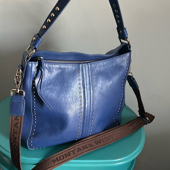 Montana West Bags Montana West Blue Leather Studded Shoulder Carry